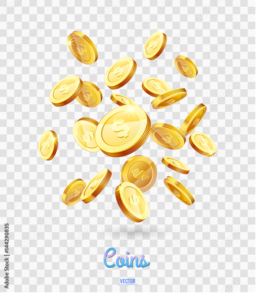 Realistic Gold coins falling down. Isolated on transparent background ...