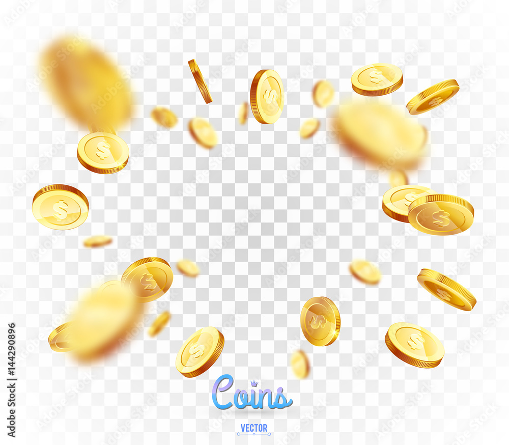 Realistic Gold coins explosion. Isolated on transparent background ...