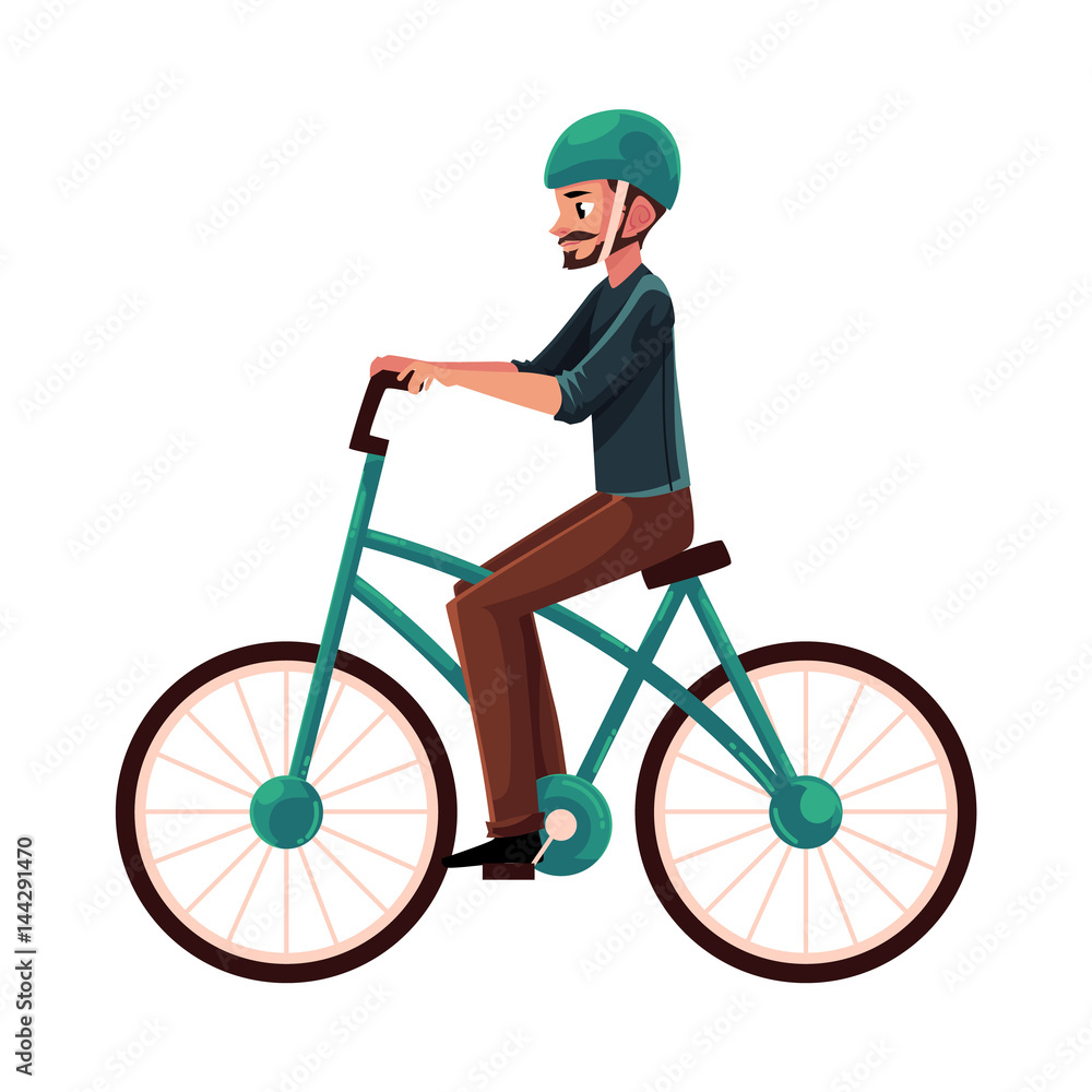 Young man, guy riding urban bicycle, cycling in helmet, cartoon vector ...