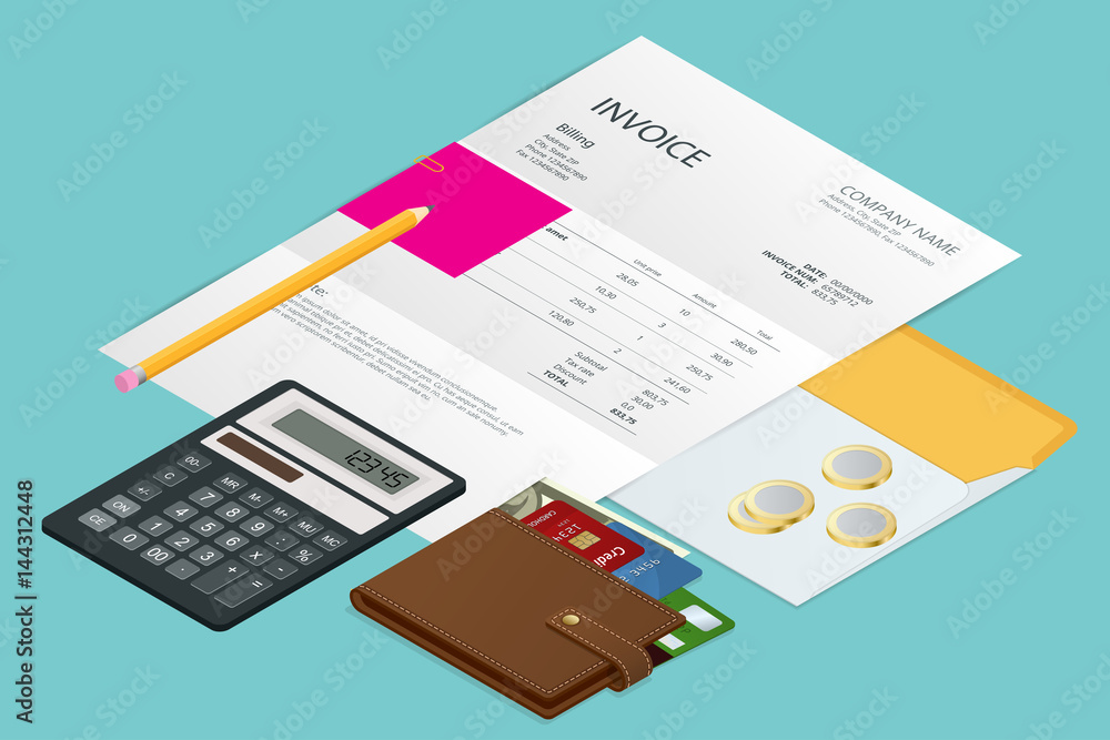 Isometric single Invoice, calculator and credit cards. Payment and ...