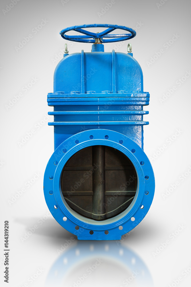 On a white background with reflection blue metal shut-off valve for gas ...