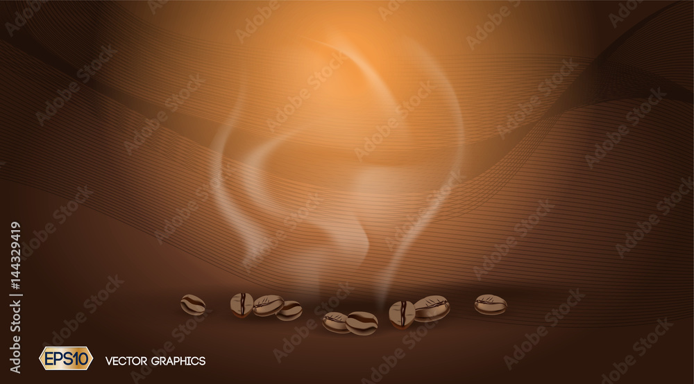 Digital Vector Steaming coffee Background with coffee beans. Ready for ...