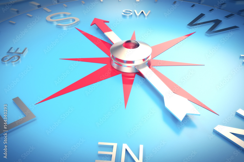 Silver compass with windrose, emblem of compass close-up, with DOF ...