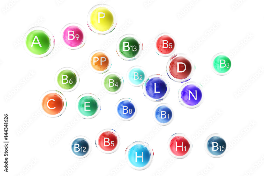 Essential Chemical Elements Nutrient Minerals Vitamins. 3d rendering ...