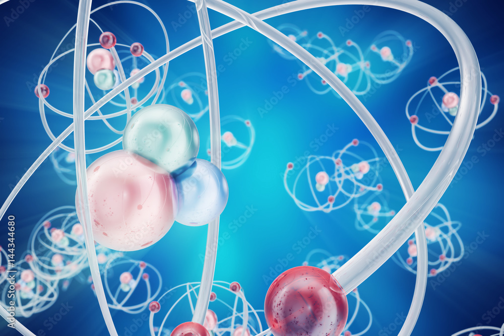 Atom background, shining nuclear model atoms and electrons. Physics ...