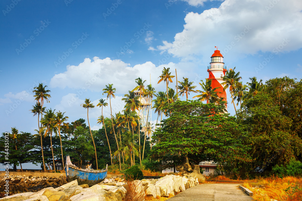 Thangassery Lighthouse on the cliff surrounded by palm trees and big ...