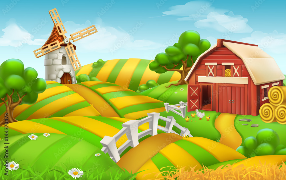 Farm field landscape, 3d vector background Stock Vector | Adobe Stock