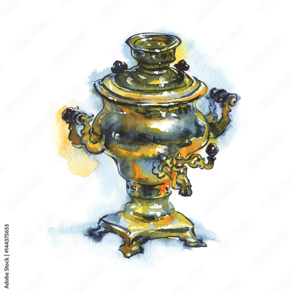 Hand drawn vintage bronze samovar. Watercolor old russian pot in rustic ...