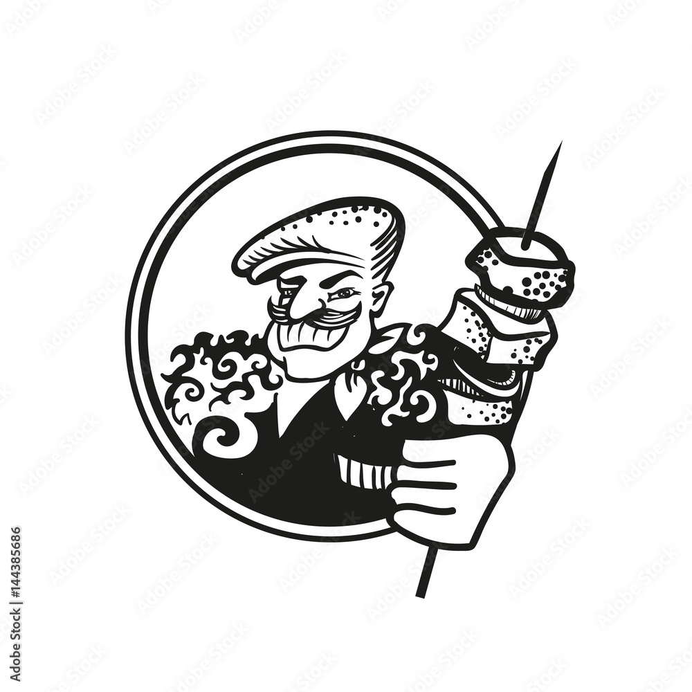 Black and white vector drawing of a Georgian cook in a cap and a lamb ...