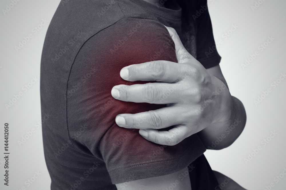 Closeup of young shirtless man with shoulder pain, People with muscles ...