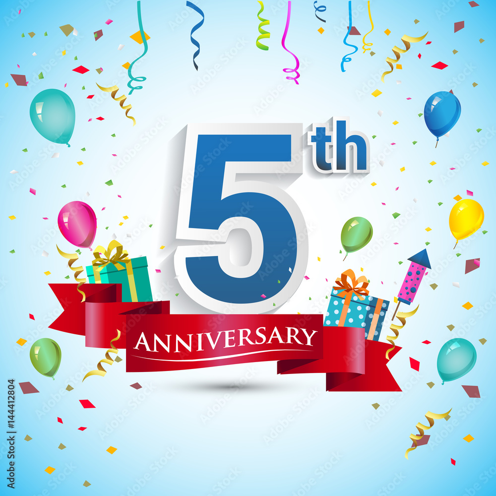5th Years Anniversary Celebration Design, with gift box and balloons ...