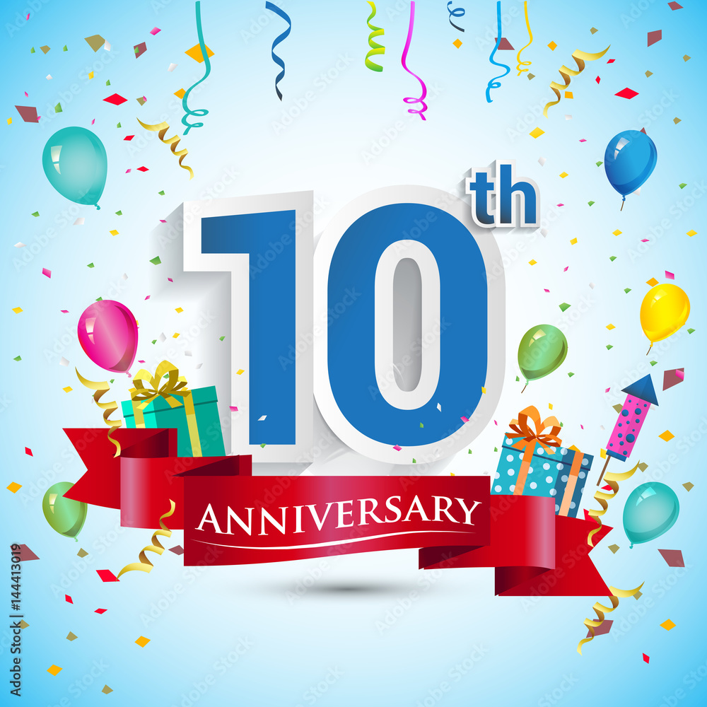 10th Years Anniversary Celebration Design, with gift box and balloons ...
