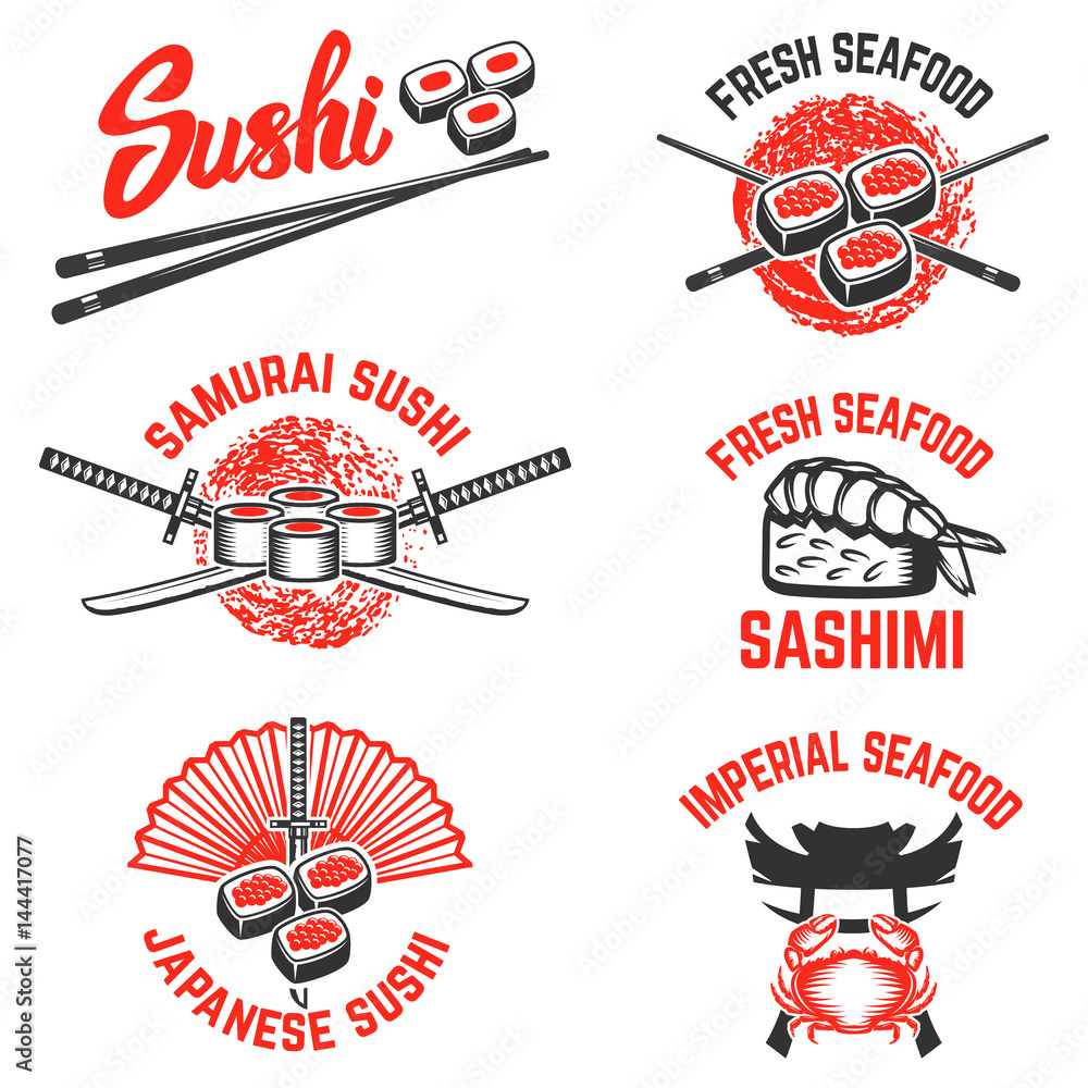 Set of Sushi labels. Japanese seafood. Samurai sword. Design elements ...