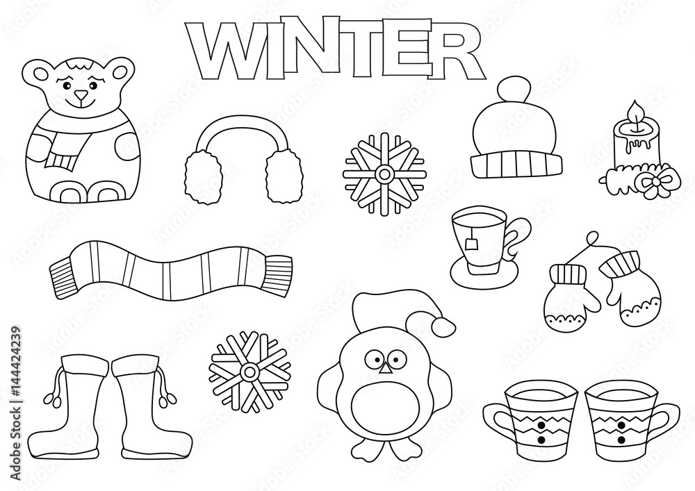 Hand drawn winter set. Coloring book template. Outline doodle elements ...