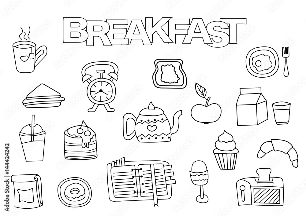 Hand drawn breakfast set. Coloring book template. Outline doodle ...