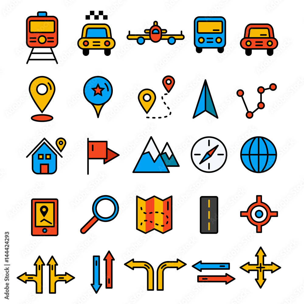 Travel icons in flat solid line design. Map markers and transportation ...