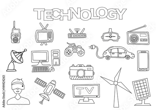 Technology elements hand drawn set. Coloring book template. Outline ...
