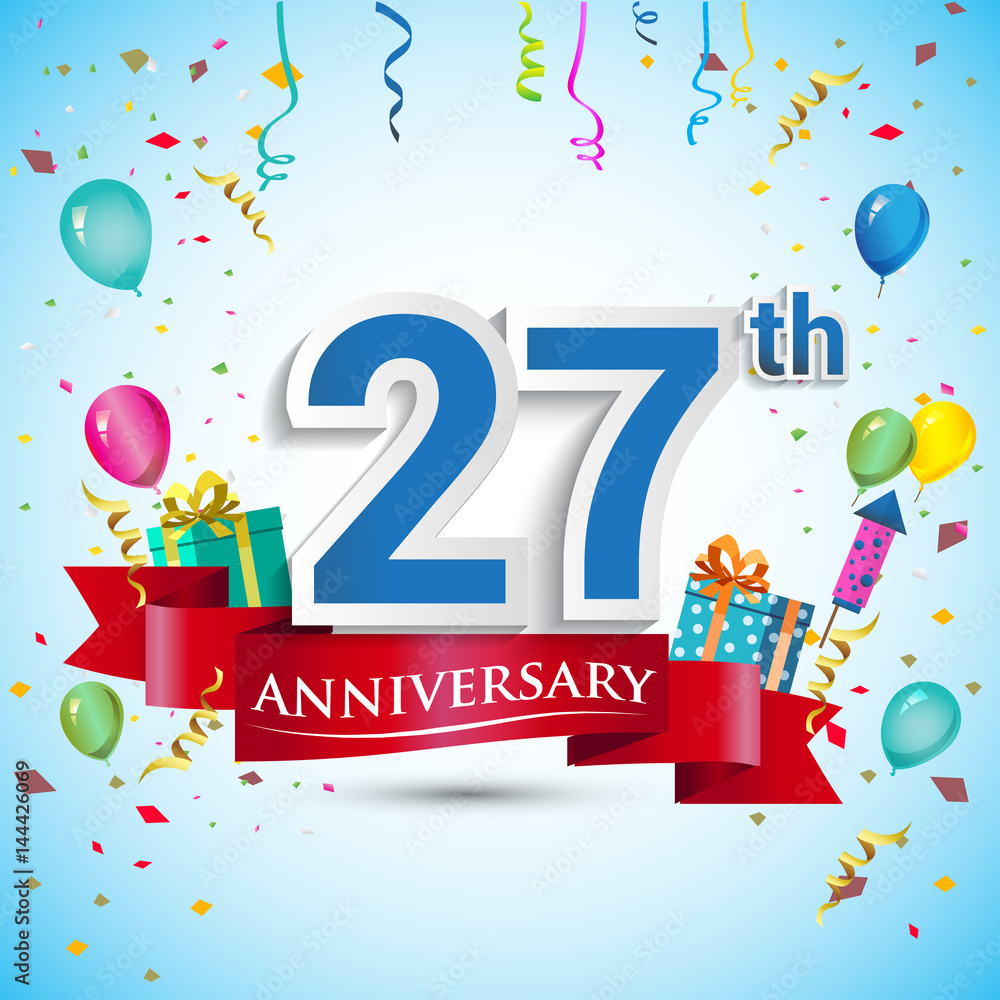 27th Years Anniversary Celebration Design, with gift box and balloons ...