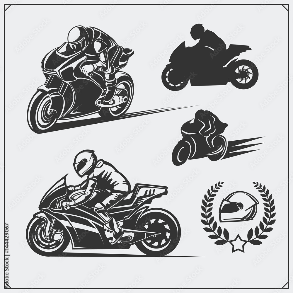 Set of racing motorcycle emblems, badges, labels and design elements ...
