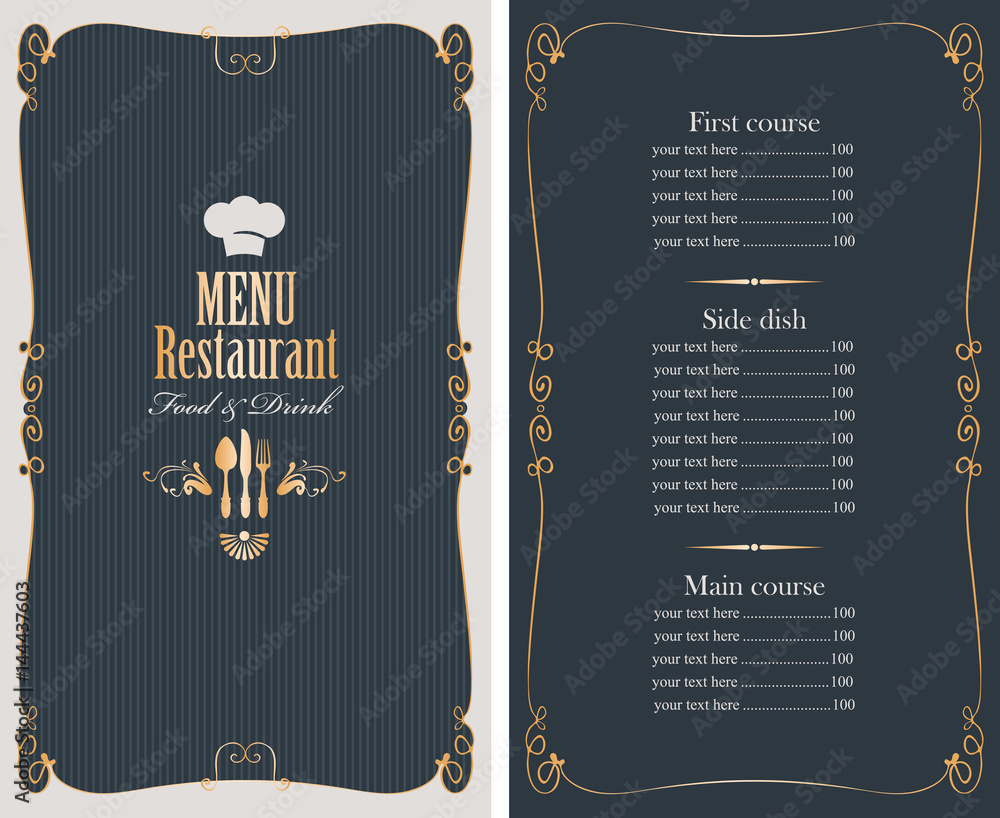 vector menu for restaurant or cafe with price list, gold curly frame ...