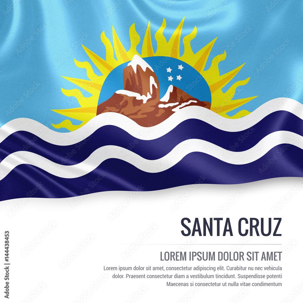 Flag of Argentinian state Santa Cruz waving on an isolated white ...