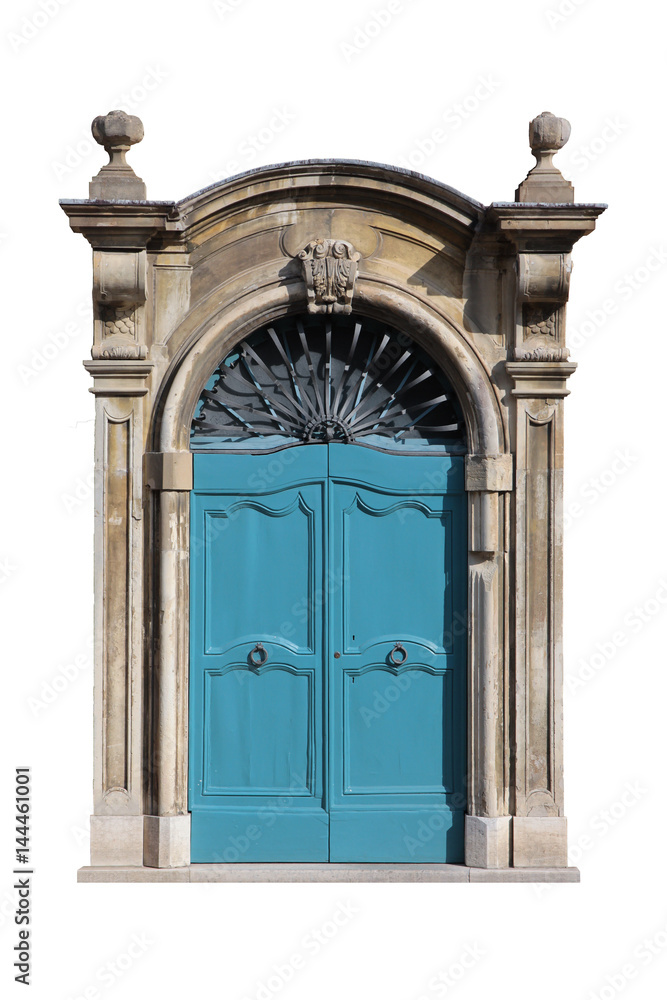 Ancient roman italian blue wood door with marble frame portal isolated ...