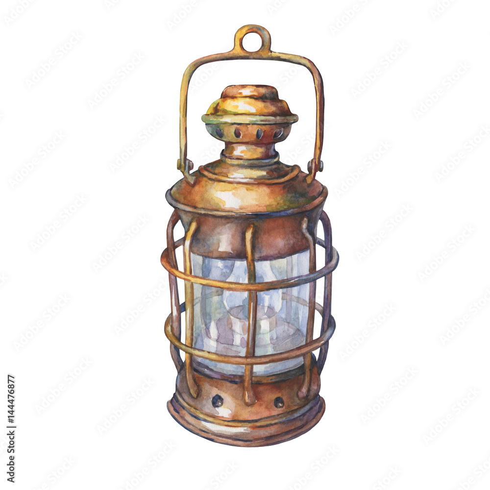 Illustration of ancient ship lantern. Hand drawn watercolor painting on ...