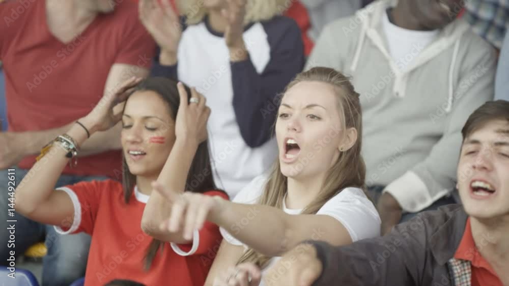 Crowd of spectators watching sports game in stadium shouting at the ...