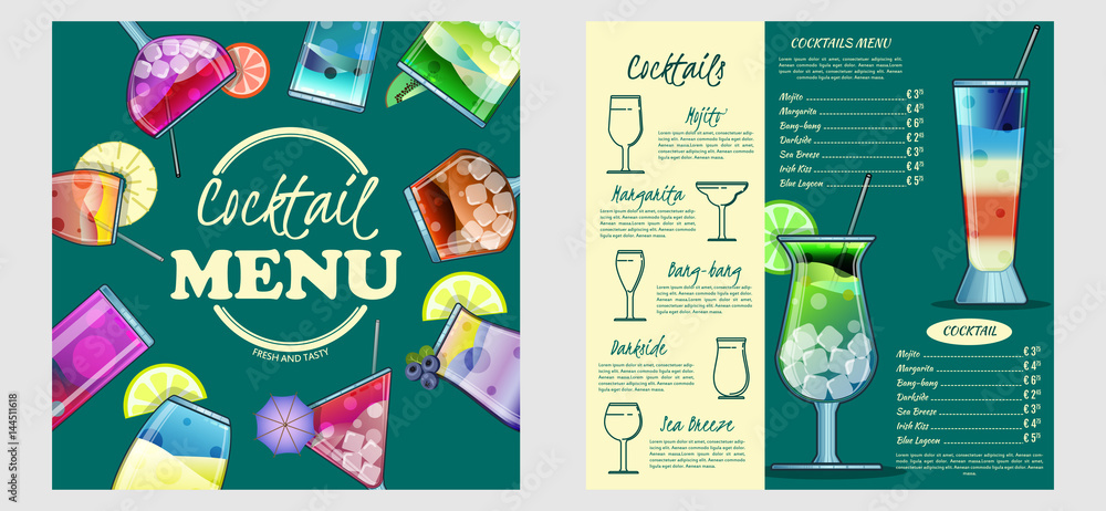 Cocktail menu design template.Cocktail list cover illustration. Vector ...
