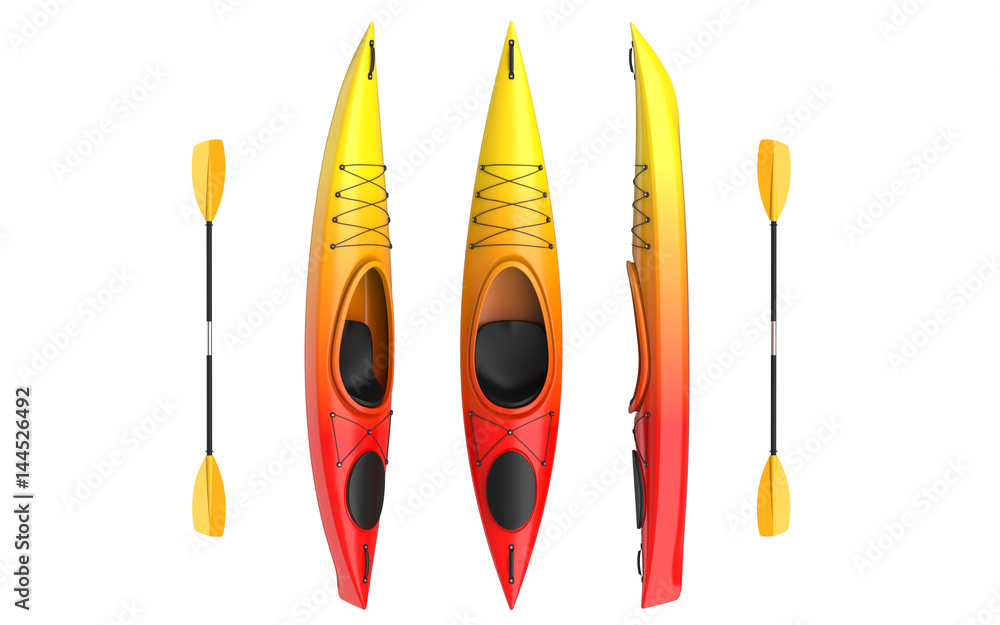 Three vertical views of yellow rad crossover kayak with paddle ...