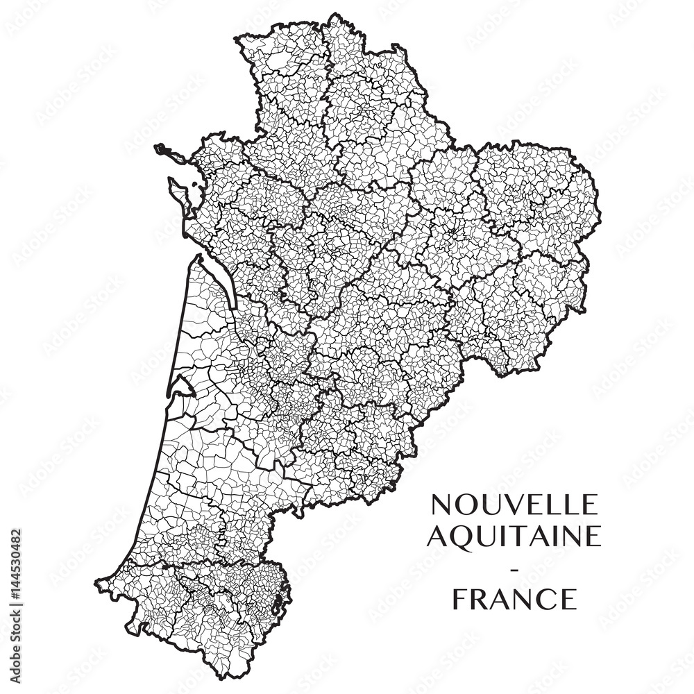 Detailed map of the region of Nouvelle Aquitaine, France including all ...