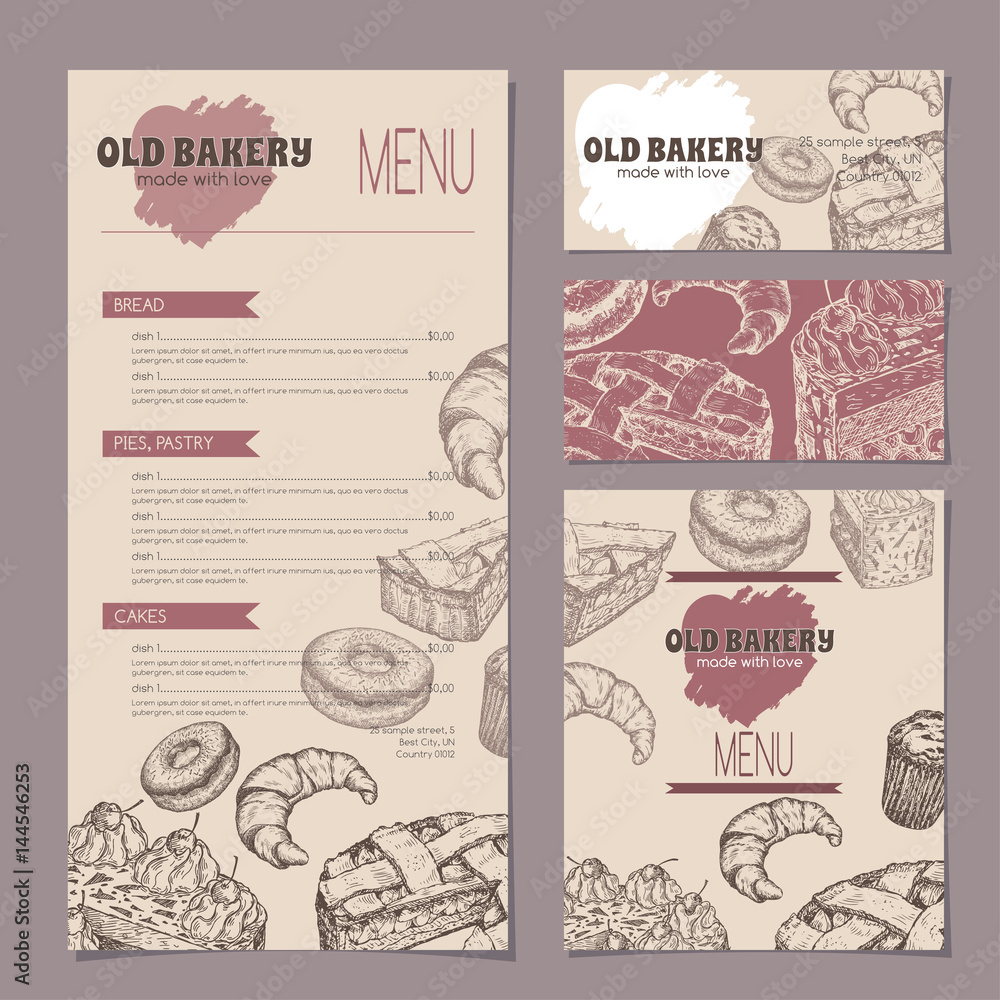 Set of bakery shop templates with menu, visit cards and reserved card ...