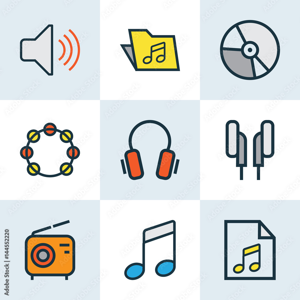 Audio Colored Outlines Set. Collection Of Headphones, Set, Volume And ...