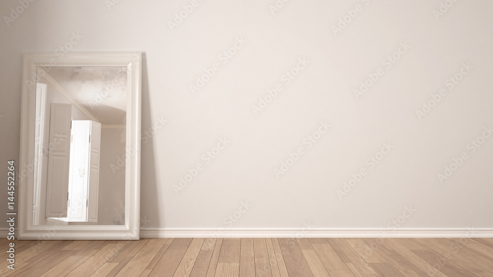 Scandinavian minimalist white background with mirror and parquet ...