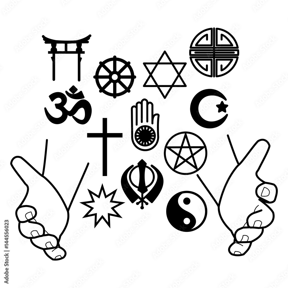 hands with combination of religious symbols. Symbols of major religions ...