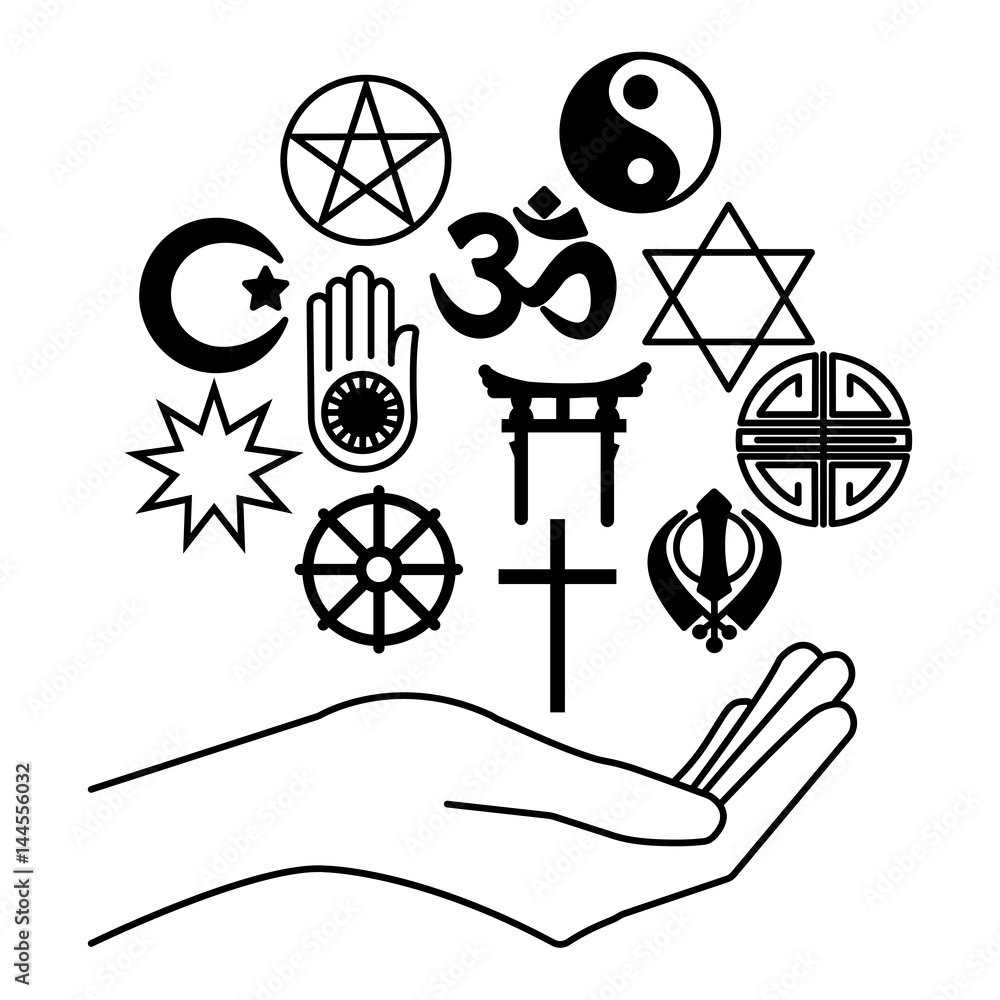 hand with combination of religious symbols. Symbols of major religions ...