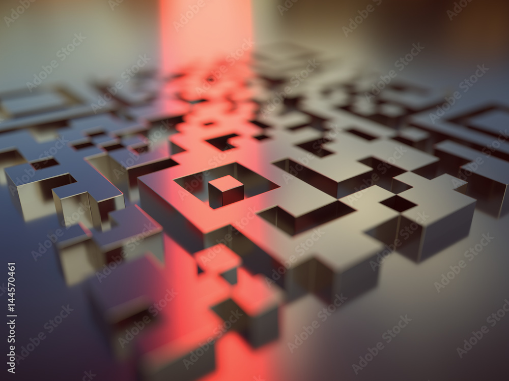 Quick response code (QR Code) in 3D dimension that reflects the red ...