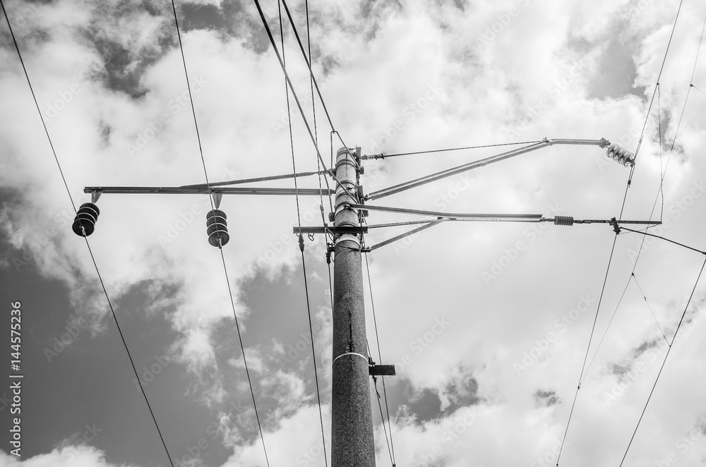Railroad overhead lines against clear blue sky, Contact wire. High ...