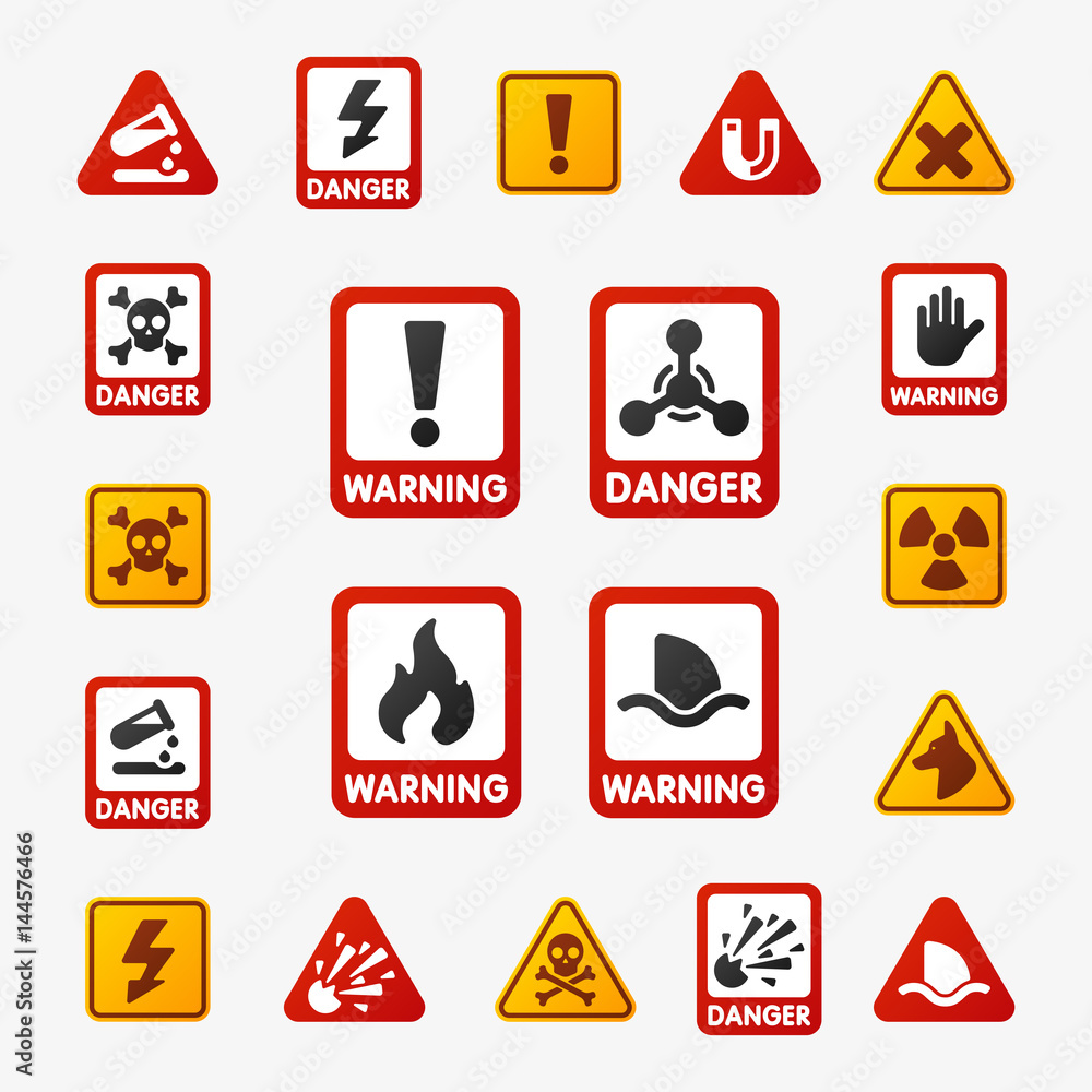 Prohibition signs set industry production vector yellow red warning ...