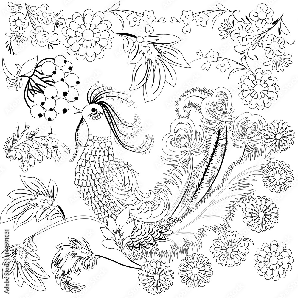 Tropical wild bird and flowers. Coloring book for adult and older ...