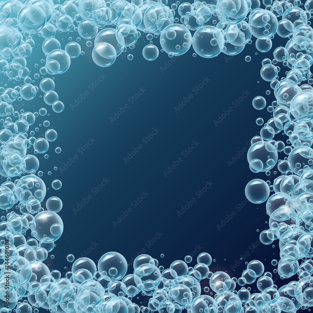 Square frame of realistic water bubbles. Deep sea with bubbles and ...