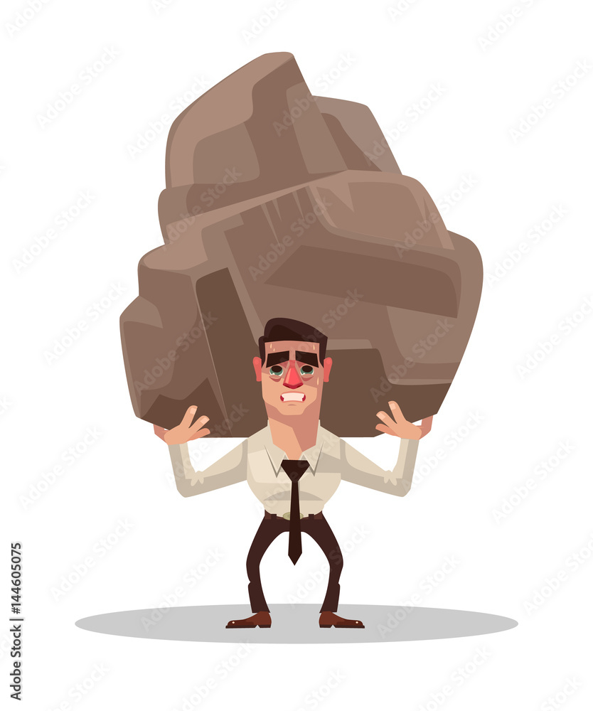 Businessman office worker character holding big stone. Vector flat ...