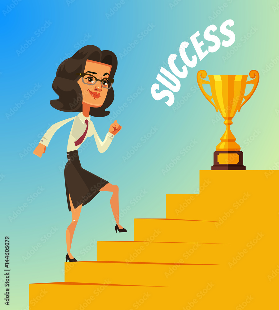 Happy smiling business woman character climbing stairs to success and ...