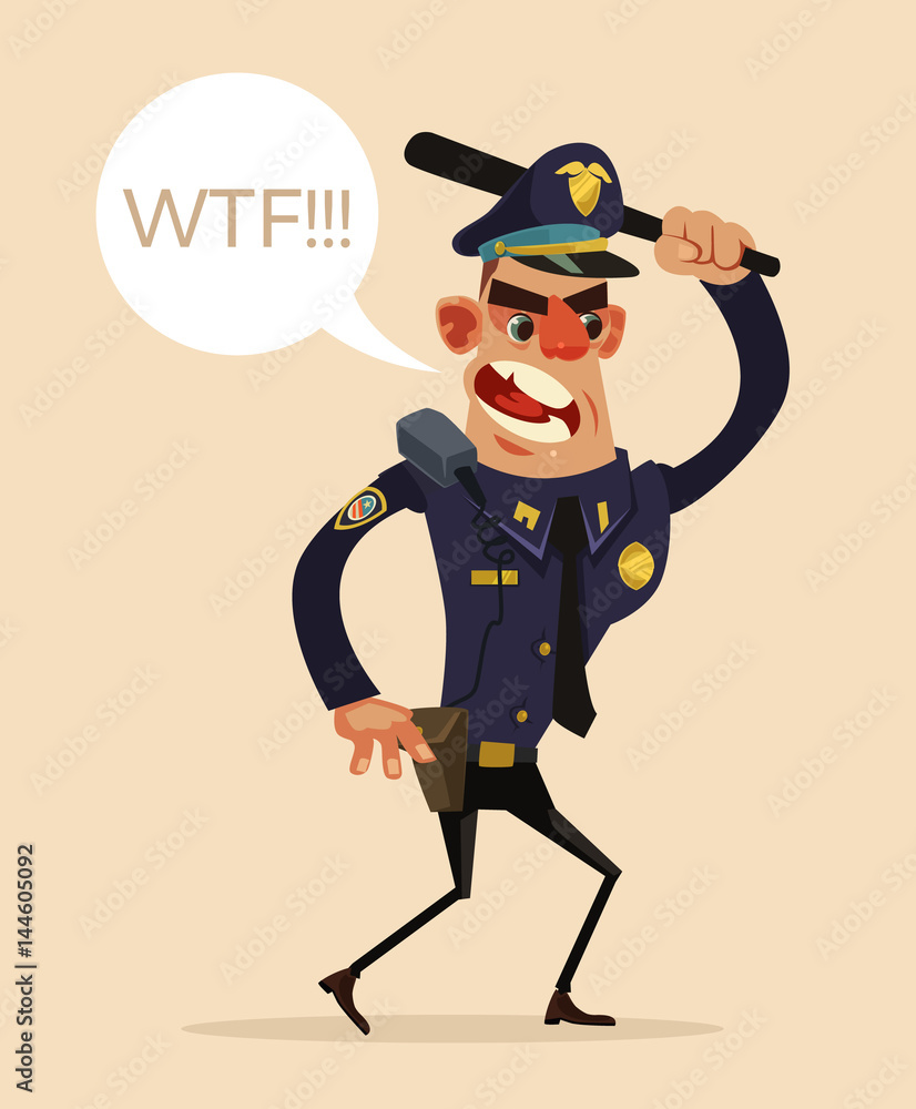 Angry screaming policeman character holds weapons and attack. Vector ...
