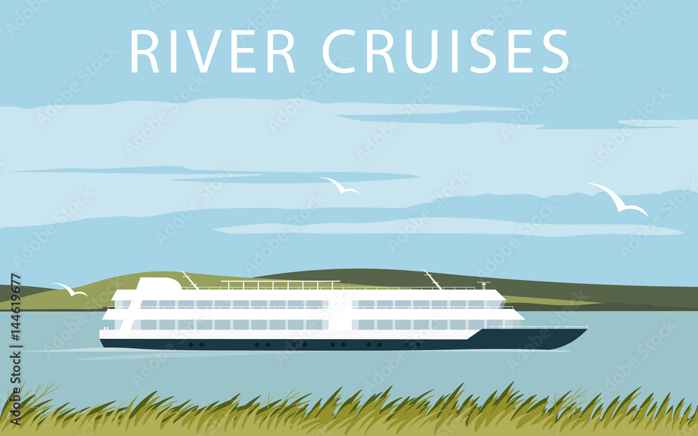 River cruise ship. Recreational waterway travel. Illustration in flat ...