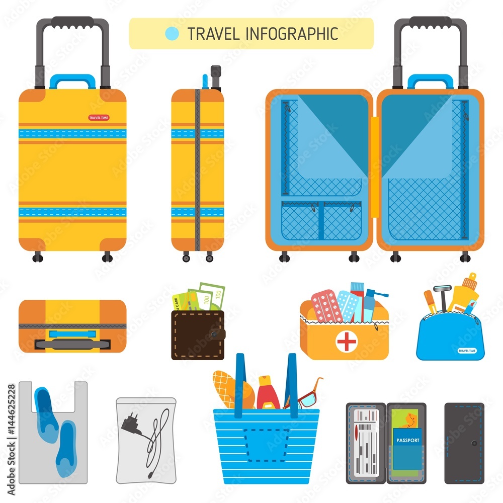 Different travel bags, suitcase with tourist stuff, suitcase set in ...