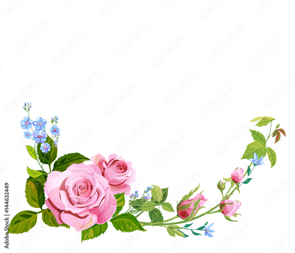 Branch curly pink rose, bouquet with blue flowers forget-me-nots, buds ...