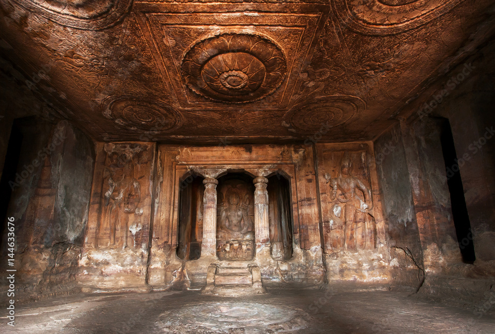 Dark historical hall inside the 6th century cave Hindu temples ...
