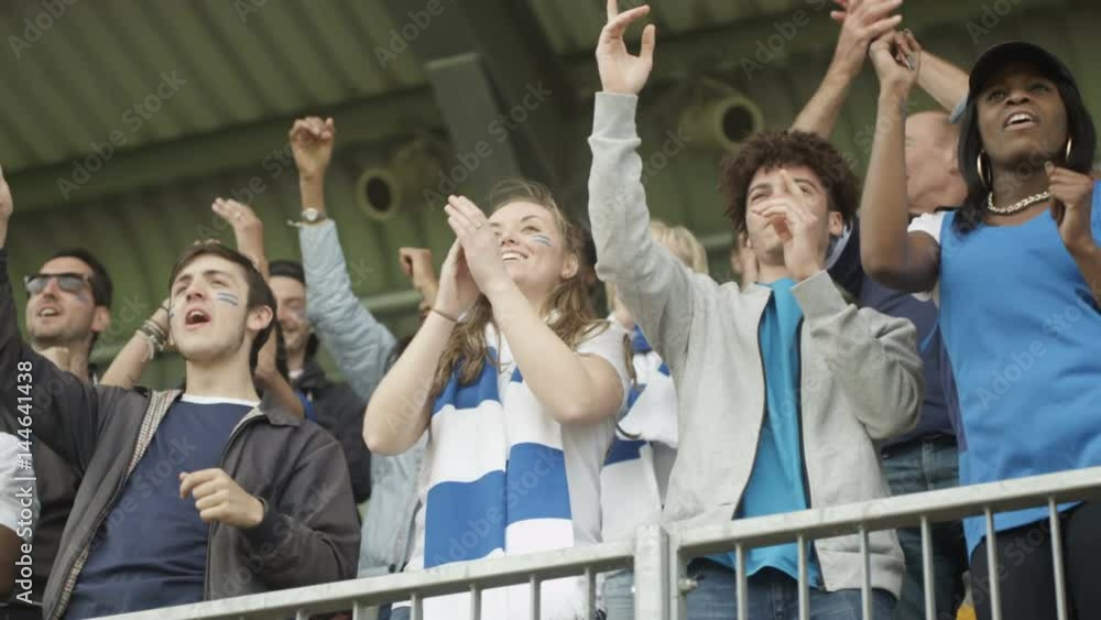 Excited sports fans at live event clapping & cheering for their team ...