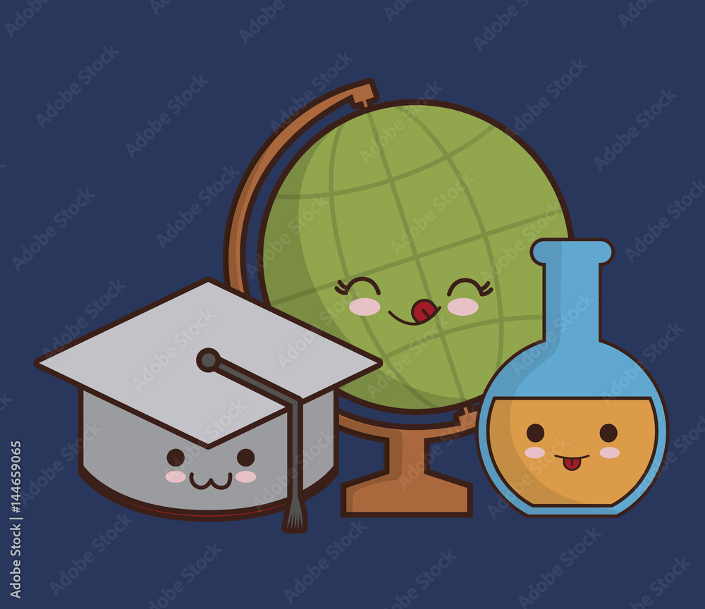 kawaii graduation cap, flask bottle and earth planet over blue ...
